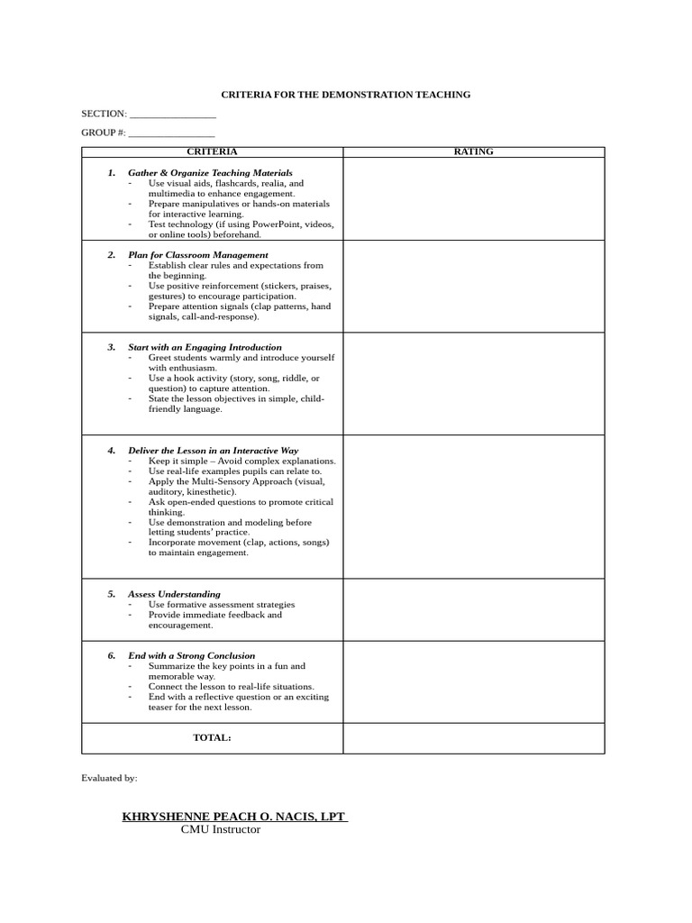 Criteria For The Demonstration Teaching | PDF
