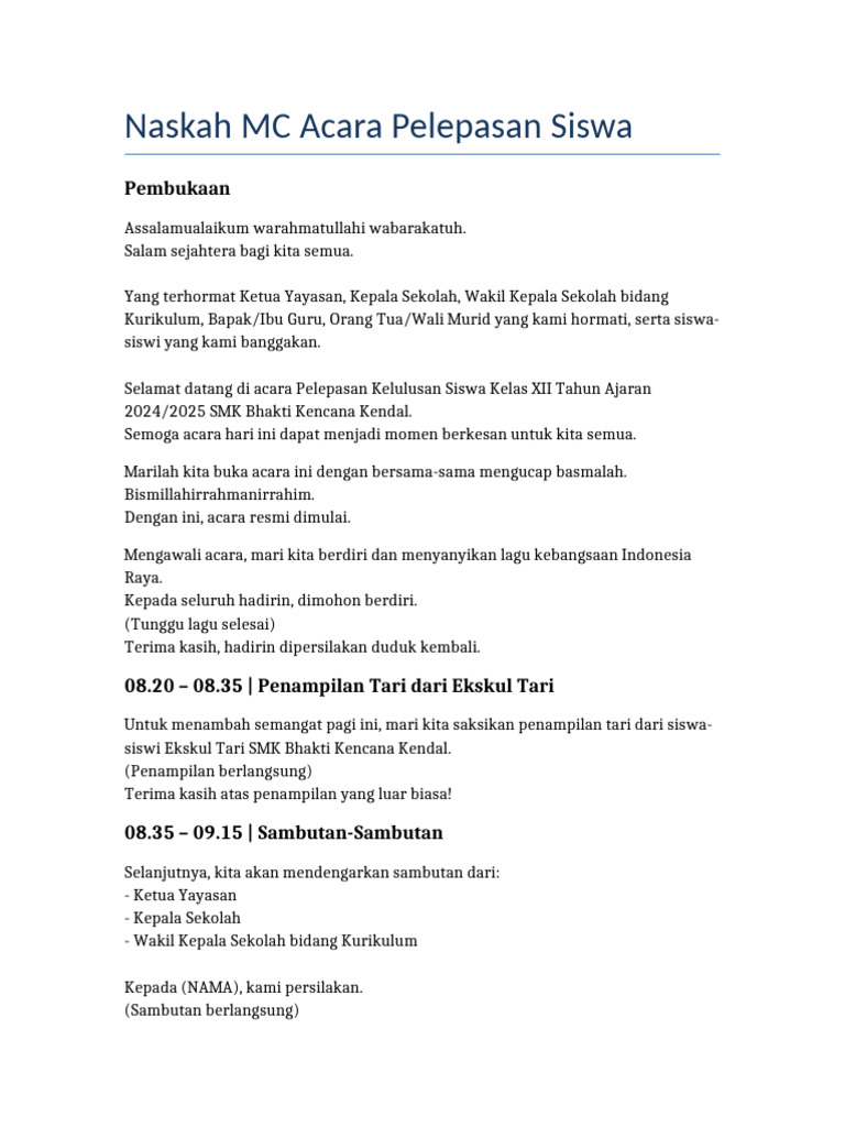 Naskah MC Pelepasan Siswa Formal | PDF
