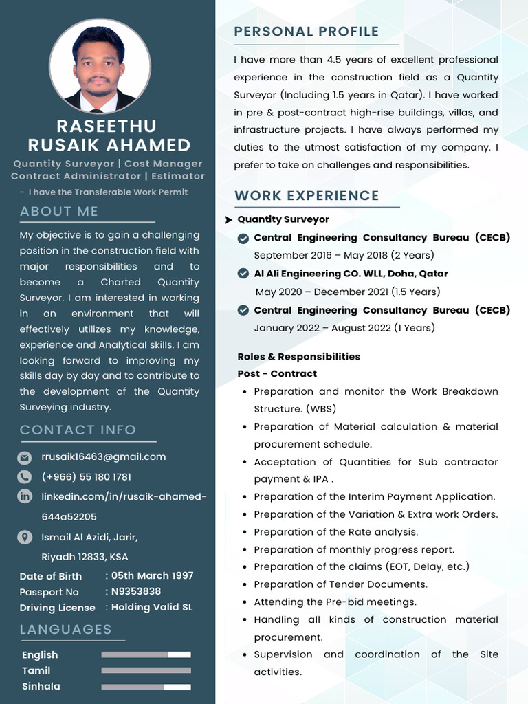 R Rusaik Ahmaed QS Resume | PDF | Engineering
