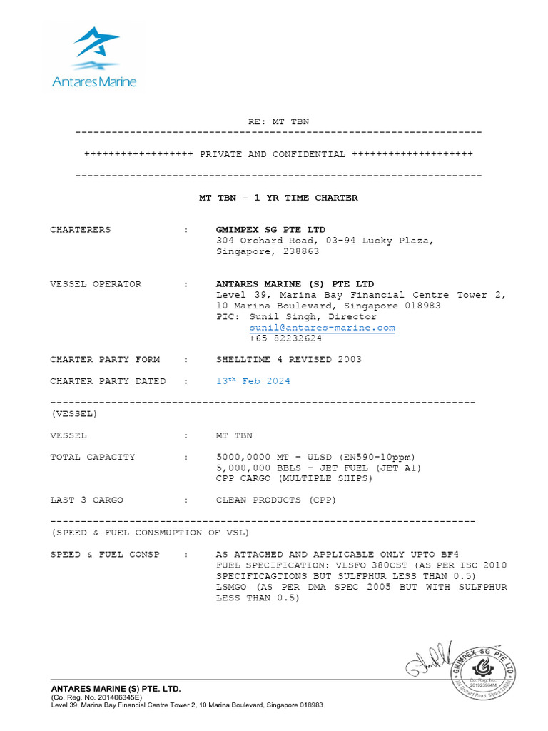 MT TBN Time Charter Agreement | PDF | Insurance | Cargo