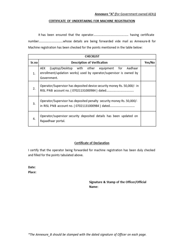 Annexure A Undertaking - Machine Reg (For Government Owned AEKs) | PDF