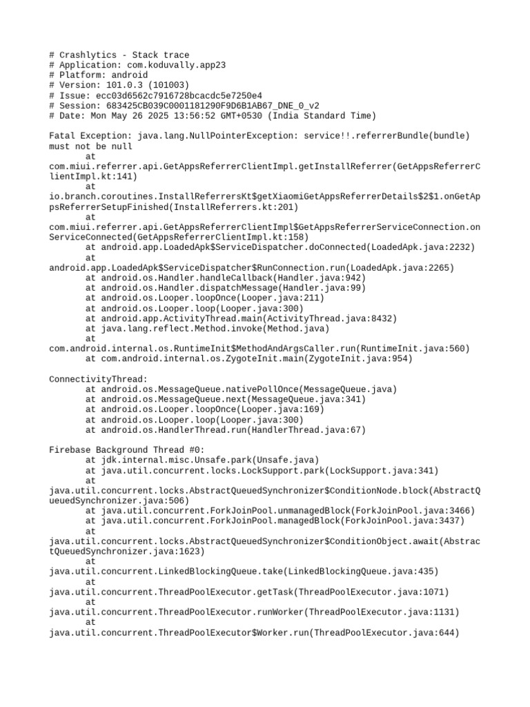 Com - Koduvally.app23 Issue Crash Session DNE 0 v2 Stacktrace | PDF | Java (Programming Language ...