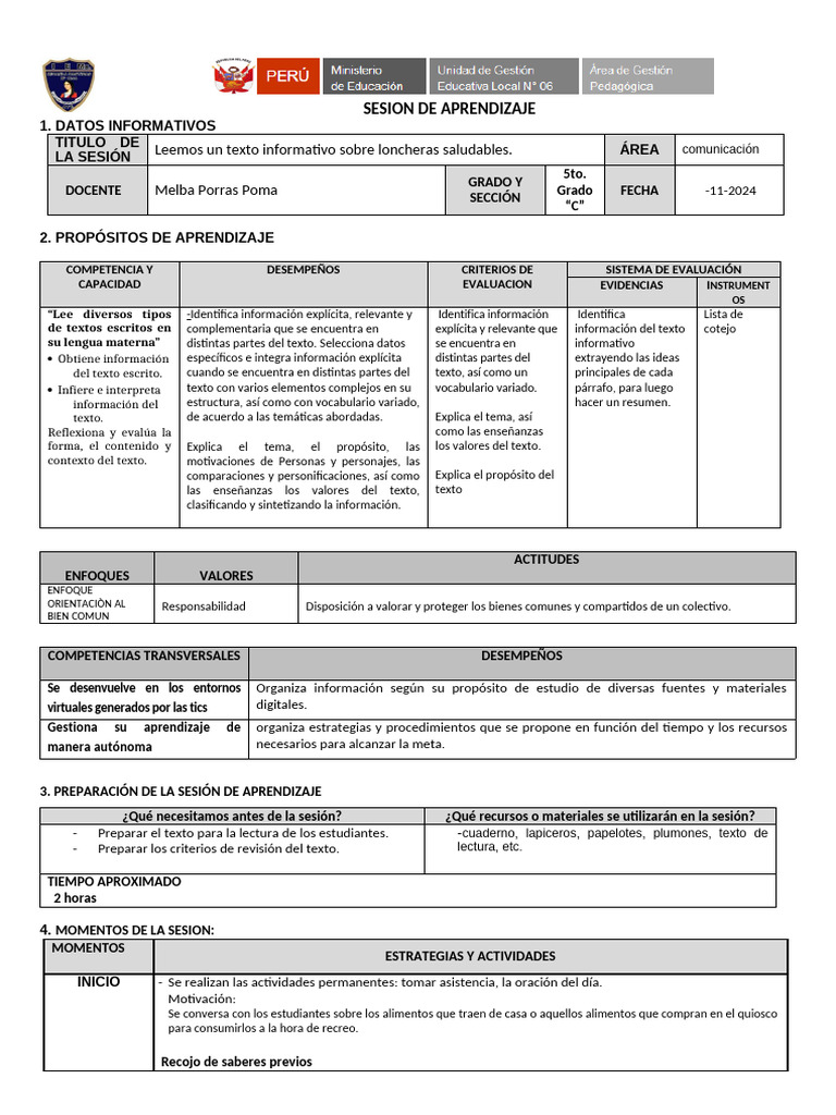 SESION de COMUNICACIÓN Leemos Un Texto Informativo Sobre Loncheras ...