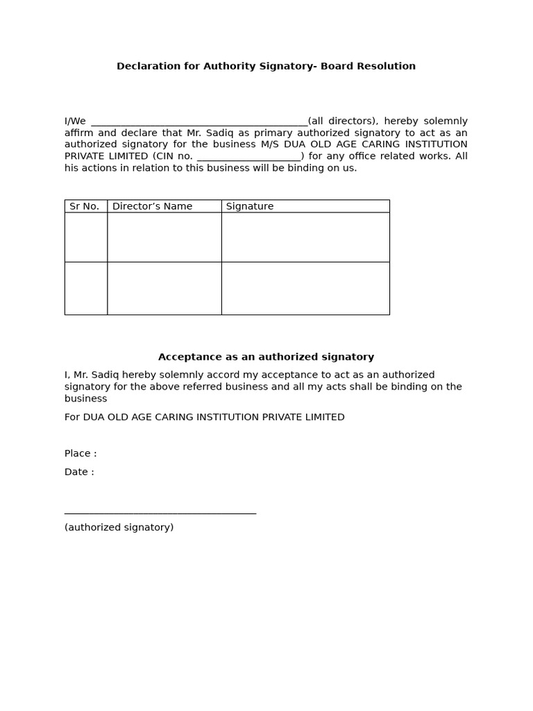 Declaration For Authority Signatory | PDF