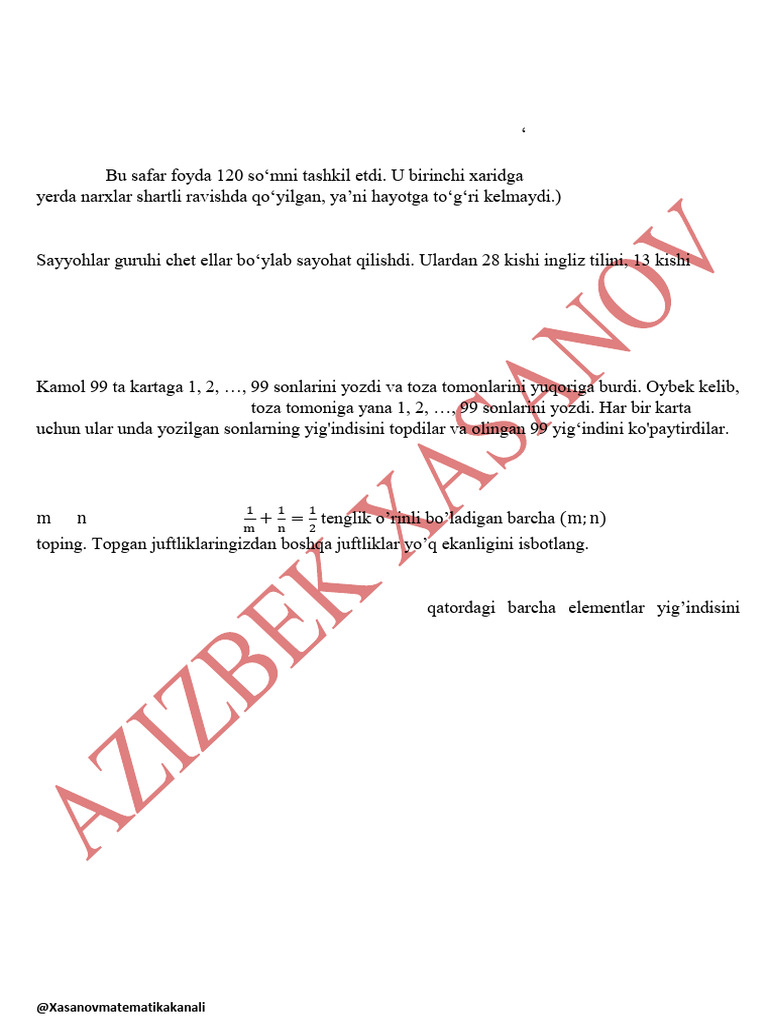 Azizbek Xasanov Matematika Kanali 5 11 Stem Olimpiadasi Yozma Ish | PDF