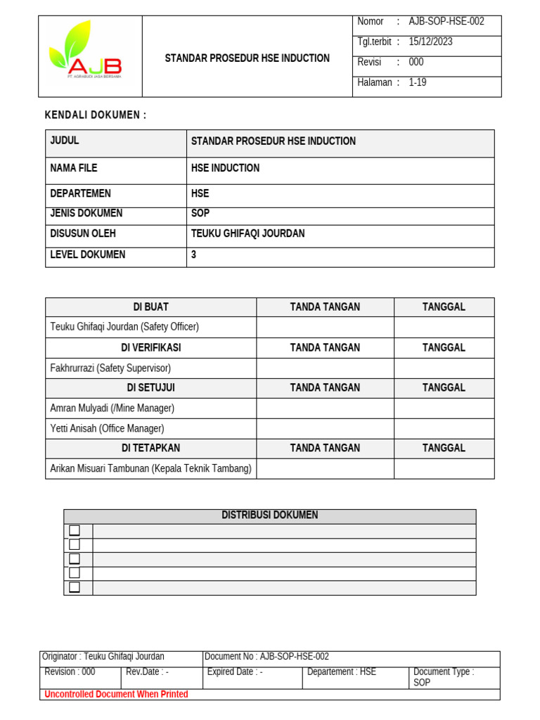 Sop Hse 009 Safety Induction | PDF
