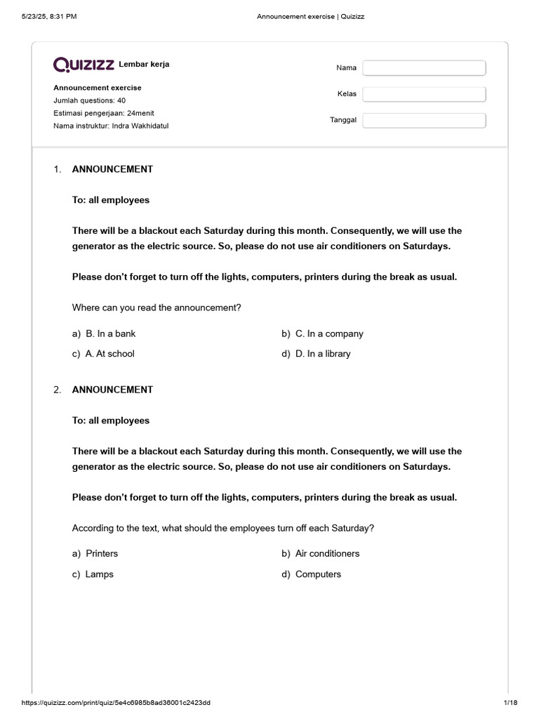 Announcement Exercise - Quizizz | PDF