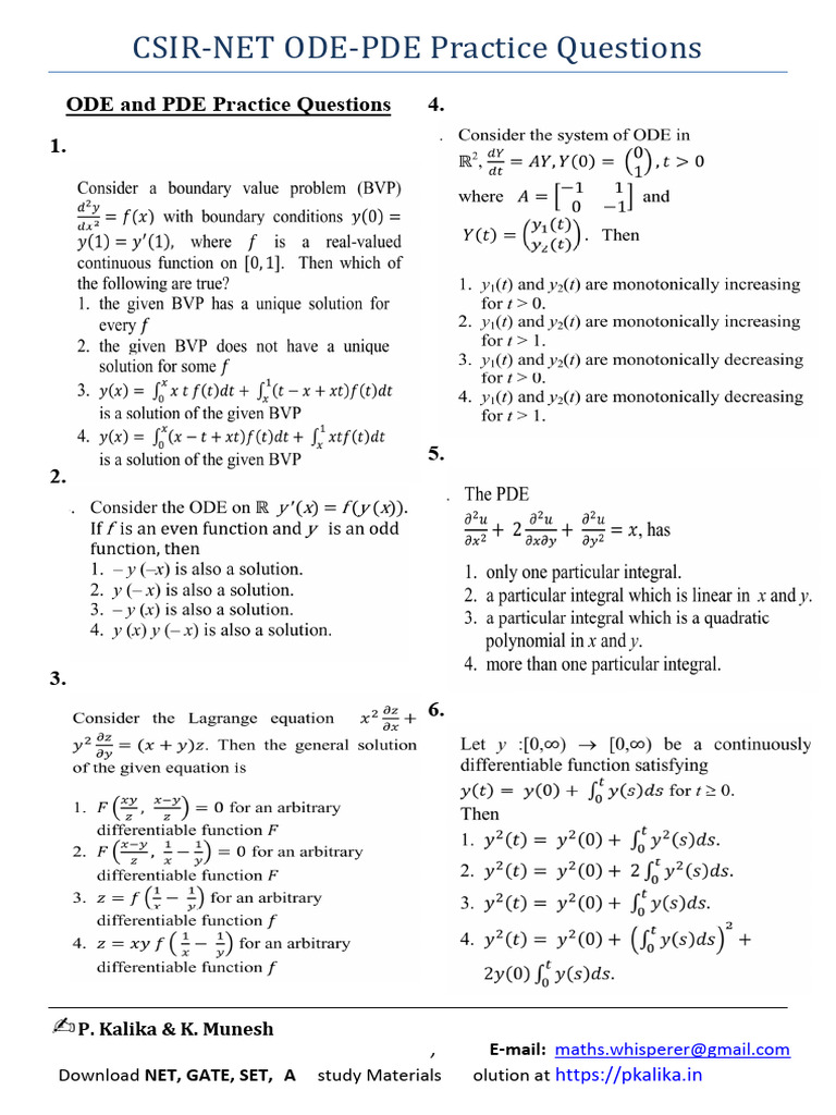 Ode Pde Practice Set Kalika20pages | PDF | Partial Differential Equation | Ordinary Differential ...