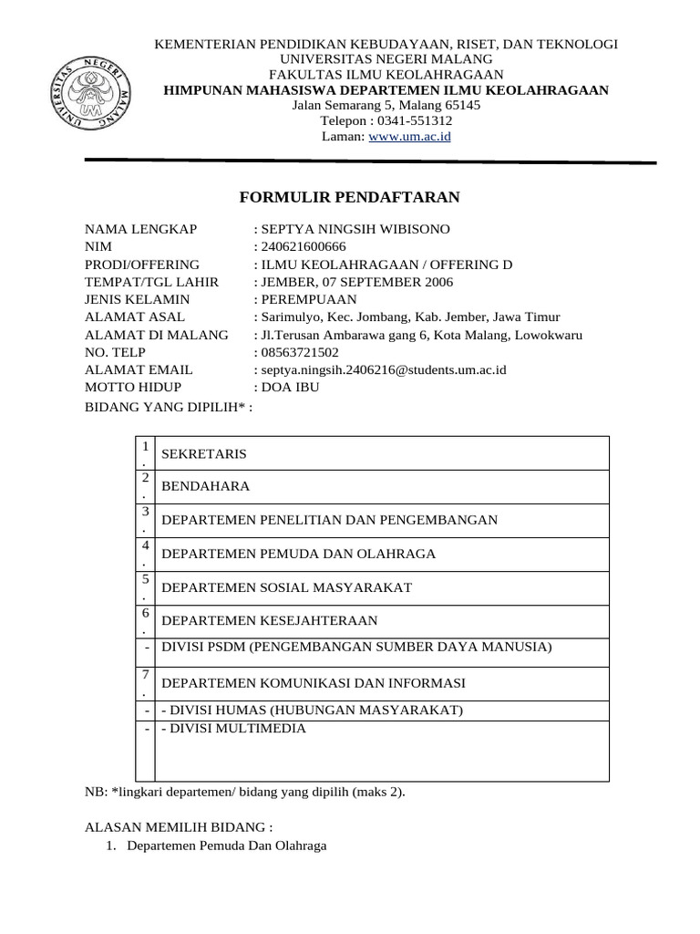 FORMULIR PENDAFTARAN HMD IKOR UM 2025 1 | PDF