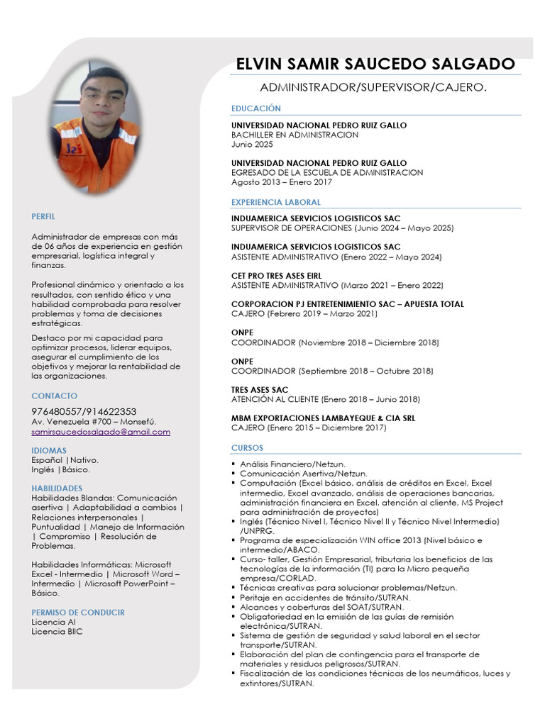 Elvin Samir Saucedo Salgado: Administrador/Supervisor/Cajero | PDF