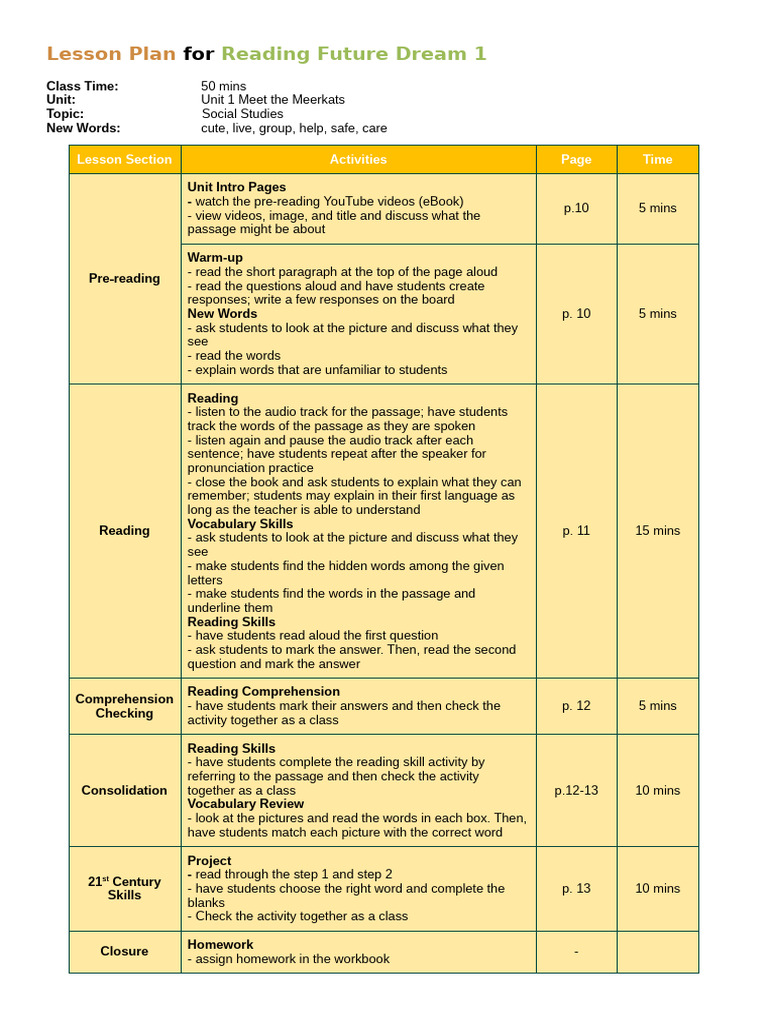 Reading Future Dream 1 Lesson Plan | PDF | Reading Comprehension | Cognitive Science