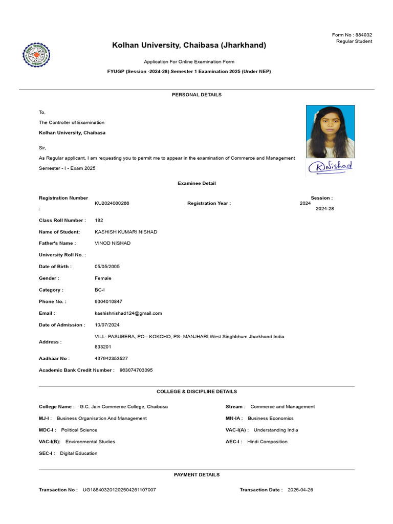 Kolhan University Exam Form 2025 | PDF
