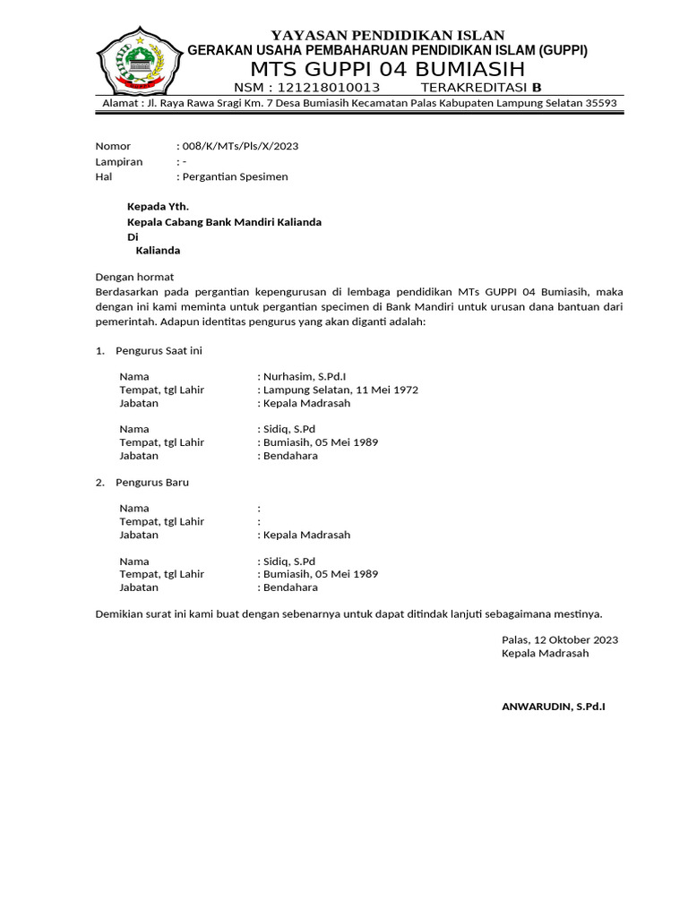 Permohonan Pergantian Spesimen Bank | PDF