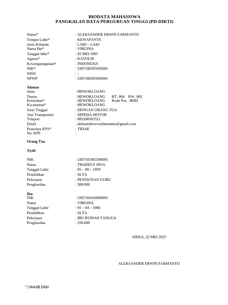 Format Biodata PD-DIKTI | PDF