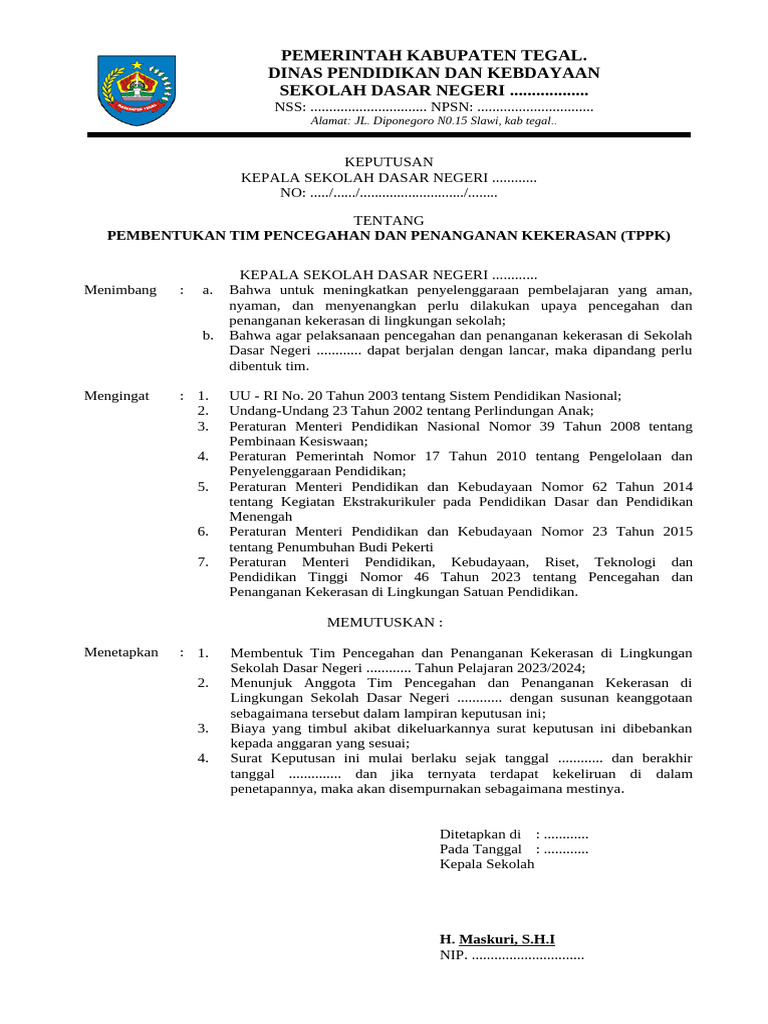 CONTOH SK Tim Pencegahan dan Penanganan Kekerasan di Lingkungan Satuan Pendidikan (1) | PDF