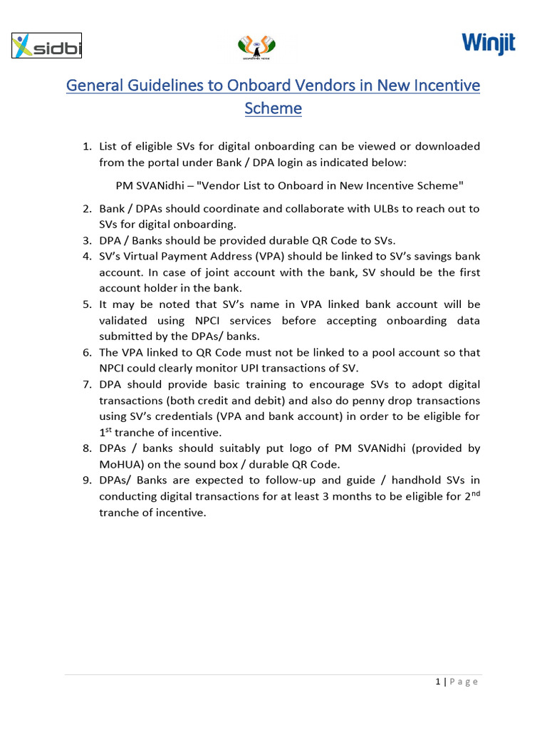 Guidelines To Onboard Vendors in New Incentive Scheme | PDF
