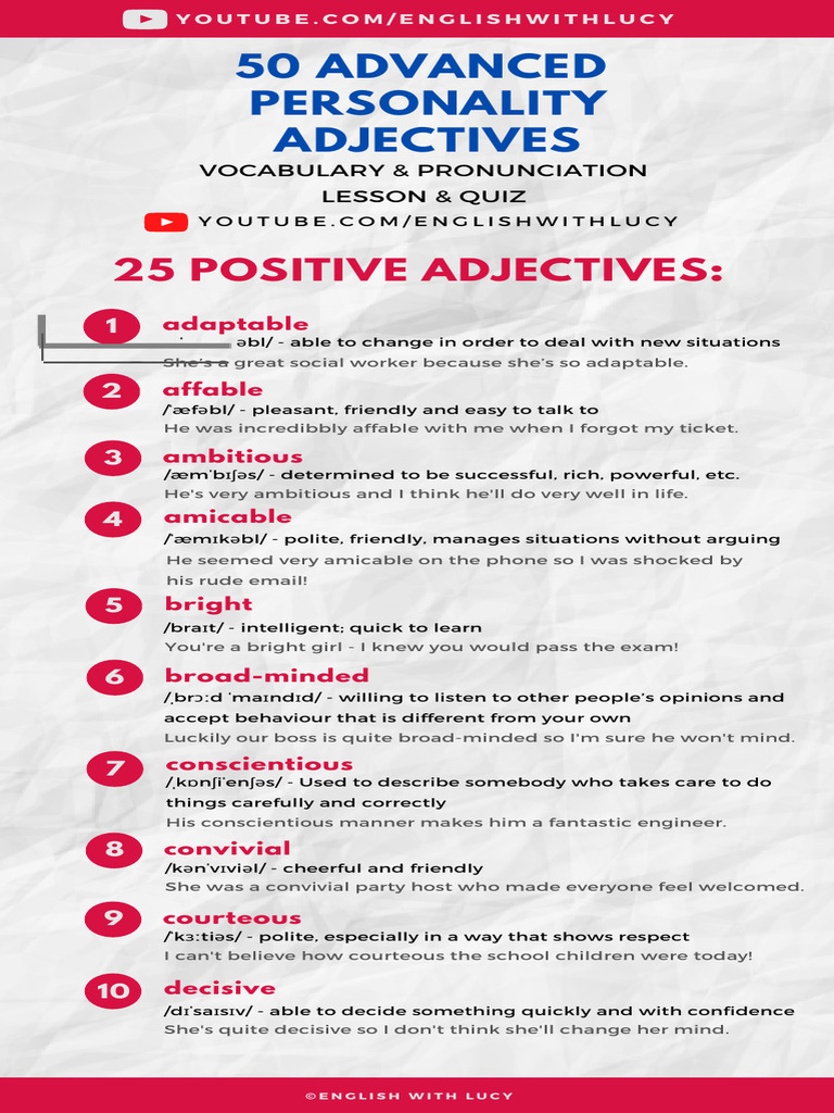 50 Advanced Personality Adjectives | PDF | Psychological Concepts