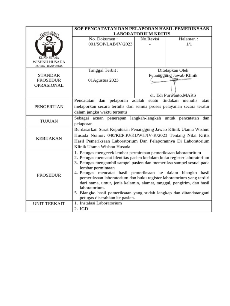 Sop Pelaporan Pencatatan Hasil Laboratorium Dan Tindak Lanjut | PDF
