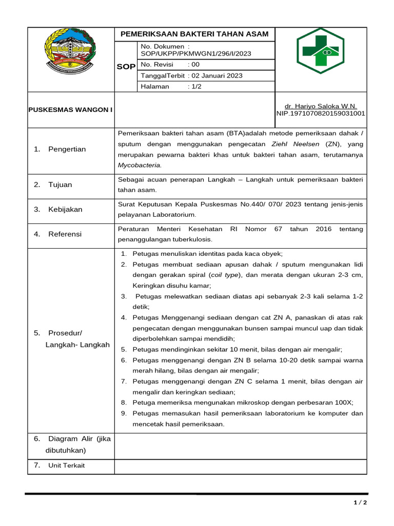 Prosedur Pemeriksaan BTA di Puskesmas | PDF