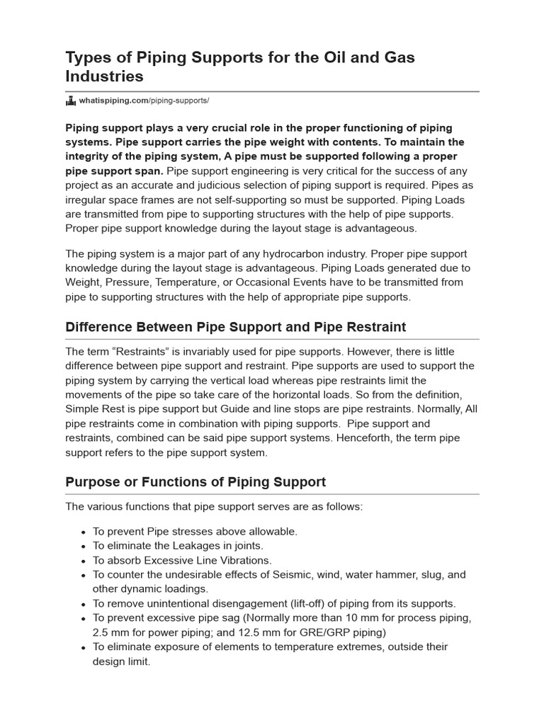 Piping Support Types in Oil & Gas Systems | PDF | Pipe (Fluid ...