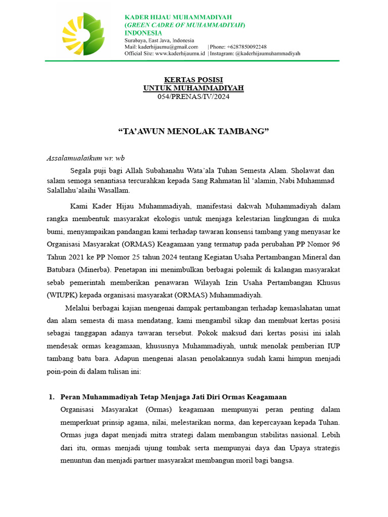 KERTAS POSISI KHM UNTUK MUHAMMADIYAH Menyoal Tambang | PDF