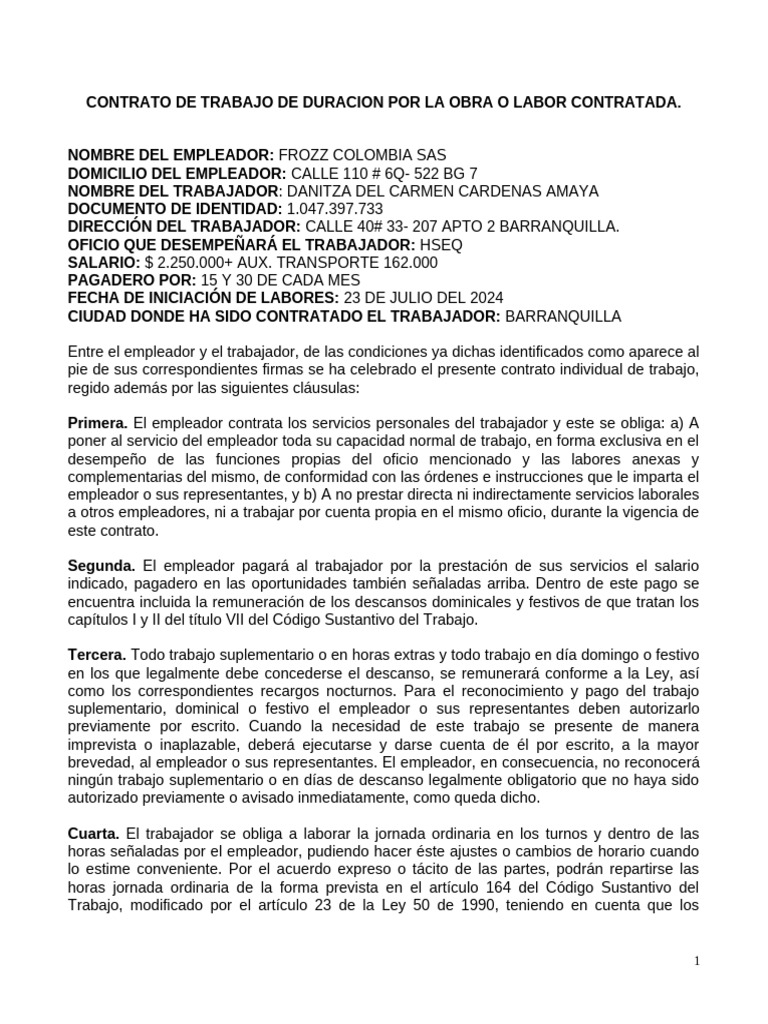 Contrato Obra y Labor Danitza | PDF | Derecho laboral | Salario