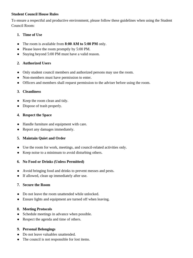 Student Council Room Usage Guidelines | PDF