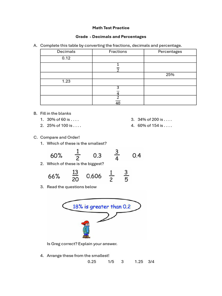 Grade Math Test: Decimals & Percentages | PDF