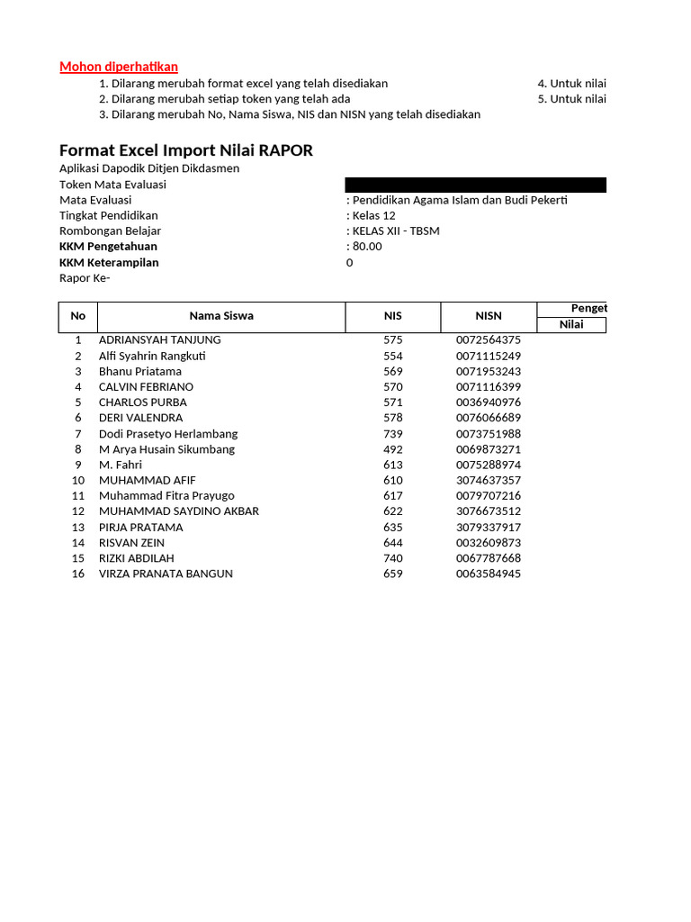 Format Nilai Rapor 20241 KELAS - XII - TBSM Pendidikan Agama Islam Dan Budi Pekerti | PDF