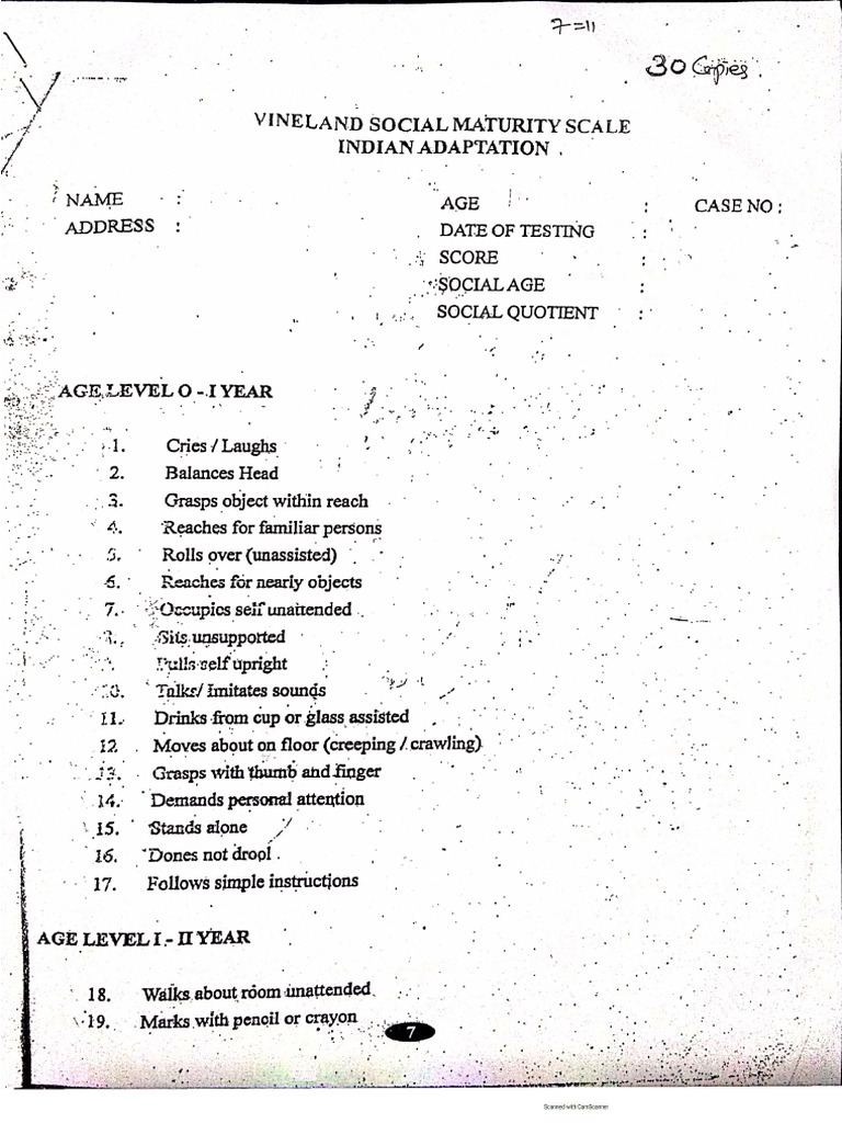 Questionnaire of Vineland Social Maturity Test | PDF