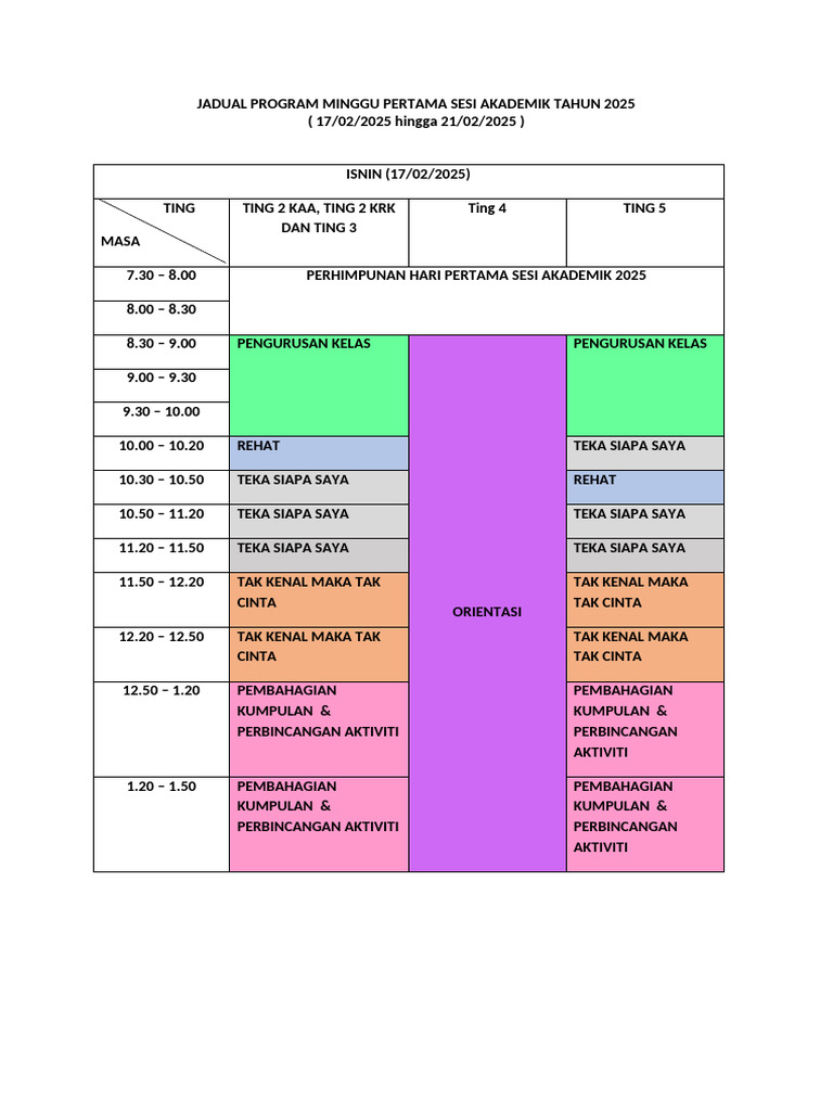 Jadual Program Minggu Pertama Sesi Akademik Tahun 2025 | PDF