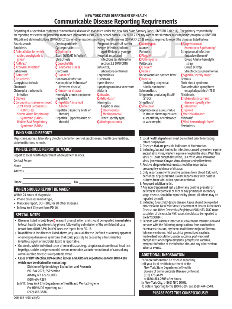 NYSDOH Reporting Form | PDF | Infection | Virus