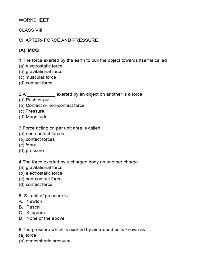 Worksheet Force and Pressure Class 8 | PDF | Force | Pressure