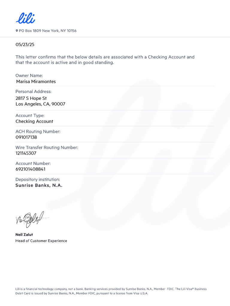 Lili Banking Account Confirmation Letter | PDF