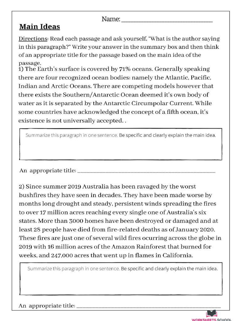 Main Idea Worksheet 08 | PDF