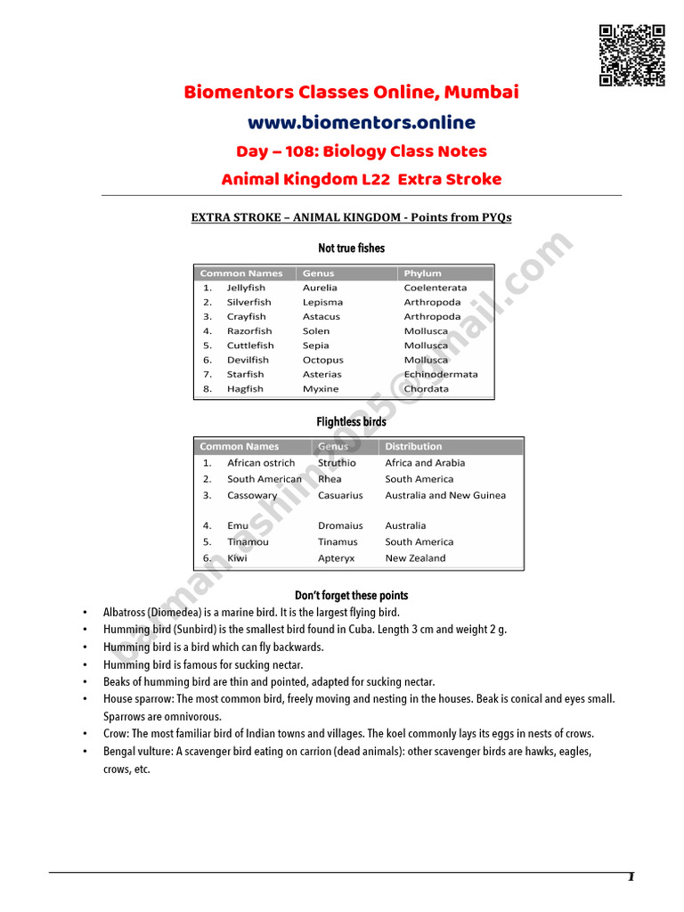 Lecture - 22 Extra Stroke Notes Animal Kingdom | PDF | Birds | Zoology