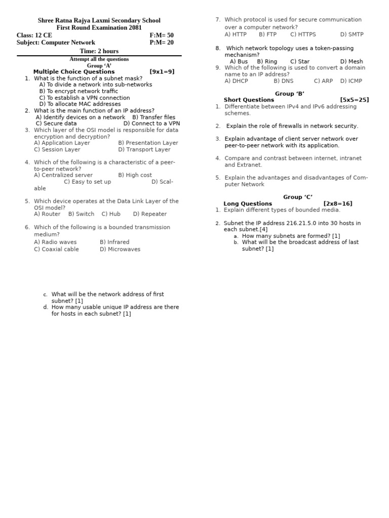 Class 12 Computer Network Exam 2081 | PDF | Computer Network | Ip Address
