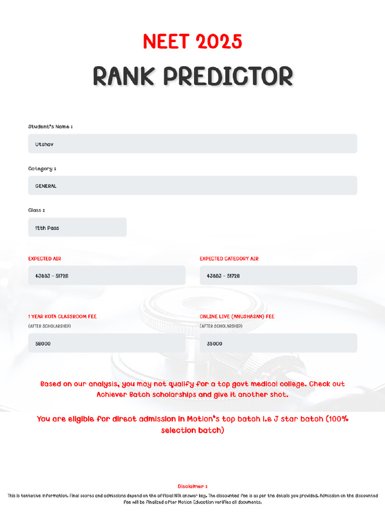 NEET 2025 Rank Prediction | PDF