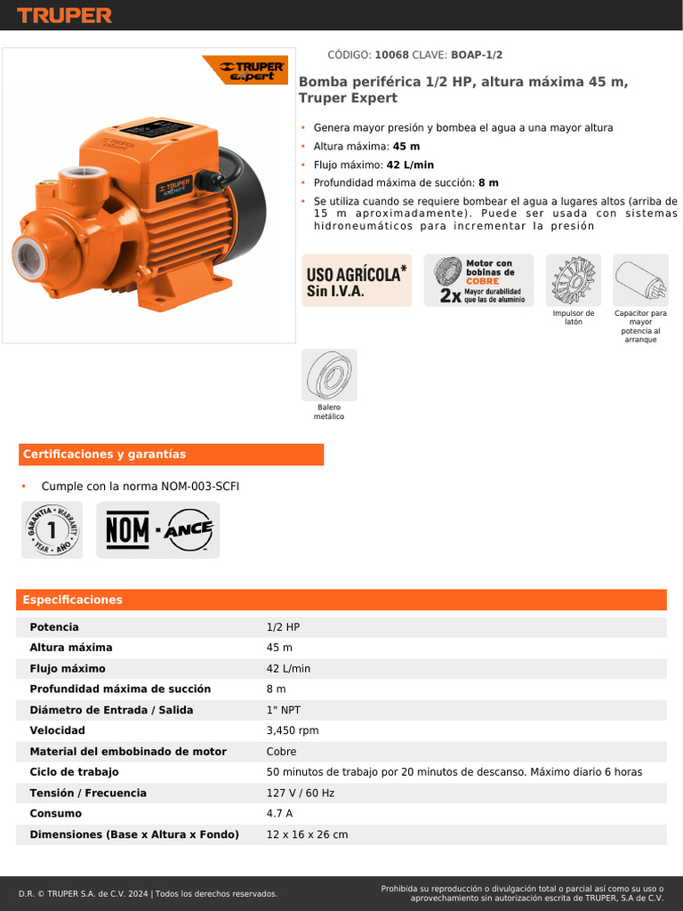 Bomba Periférica Truper 1/2 HP Ficha Técnica | PDF