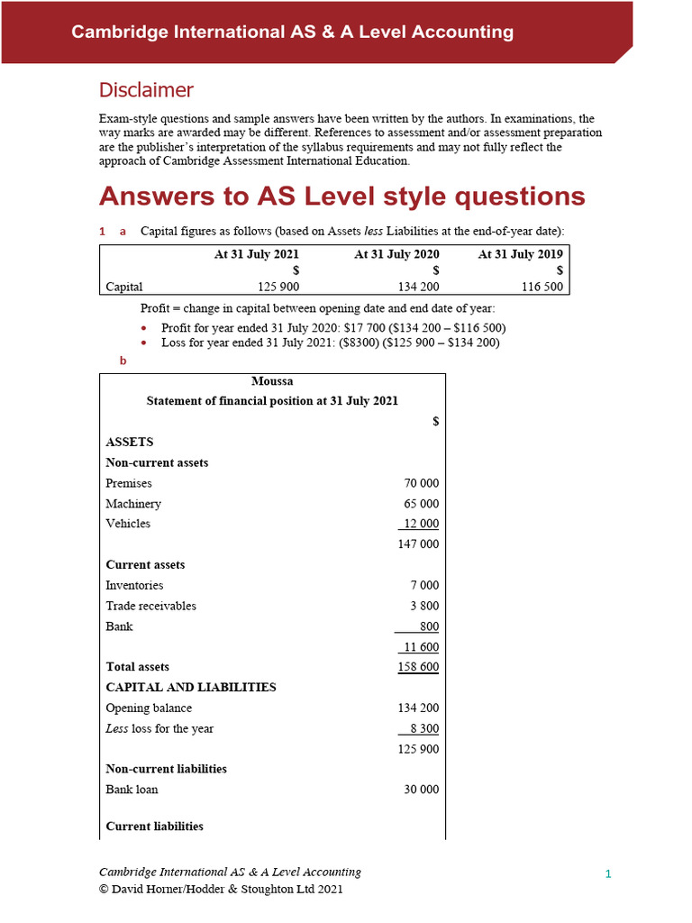 Cambridge Accounting Exam Style Answers 1 | PDF | Expense | Book Value