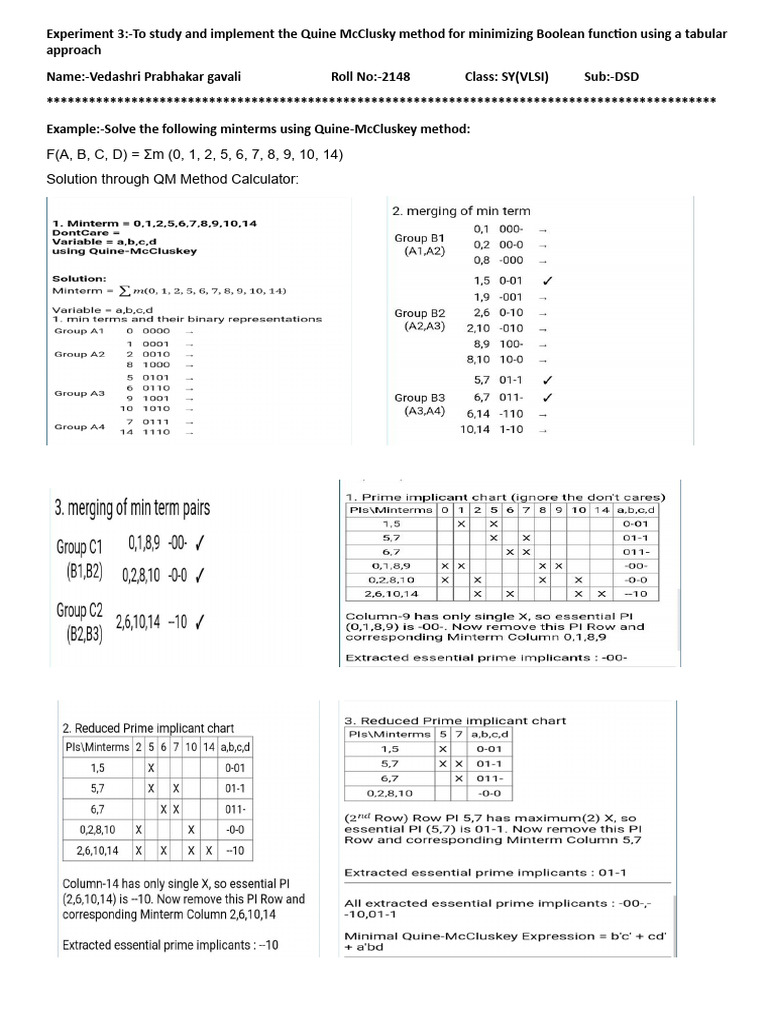 Quine-McCluskey Method for Boolean Minimization | PDF