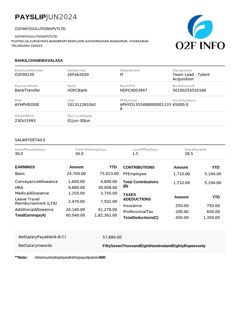 Rahul Chandra Valasa-Payslip - Jun-2024 | PDF | Taxes | Government Finances