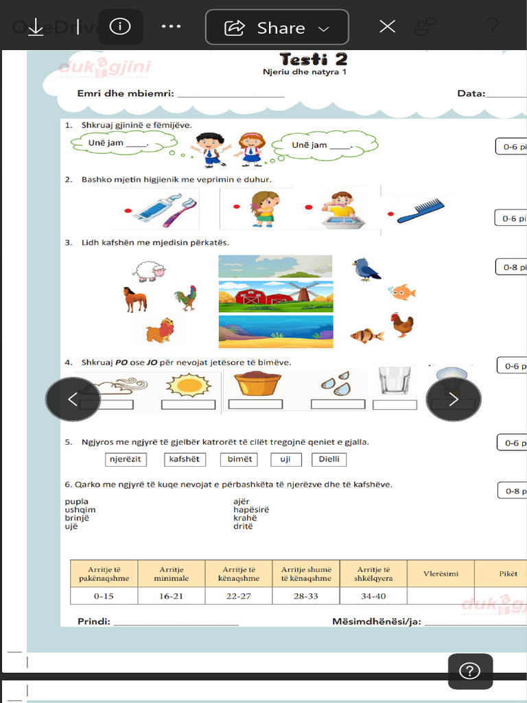 Dukagjini - Klasa 1 - Pako e Vleresimit & Vetevleresimit - Onedrive | PDF