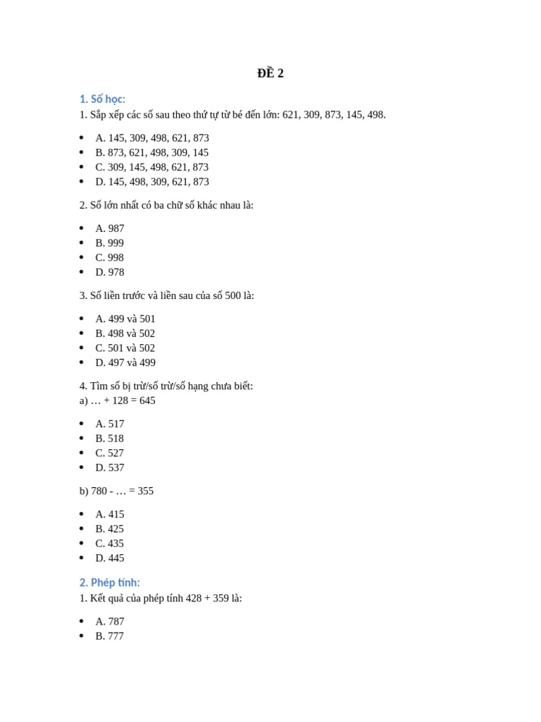 Bo de Toan Lop 2 Trac Nghiem | PDF