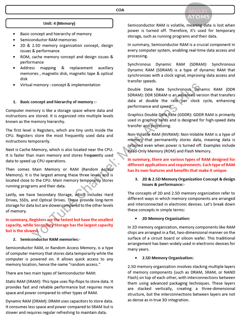 COA Complete (Shorthand Notes) | PDF | Random Access Memory | Computer ...