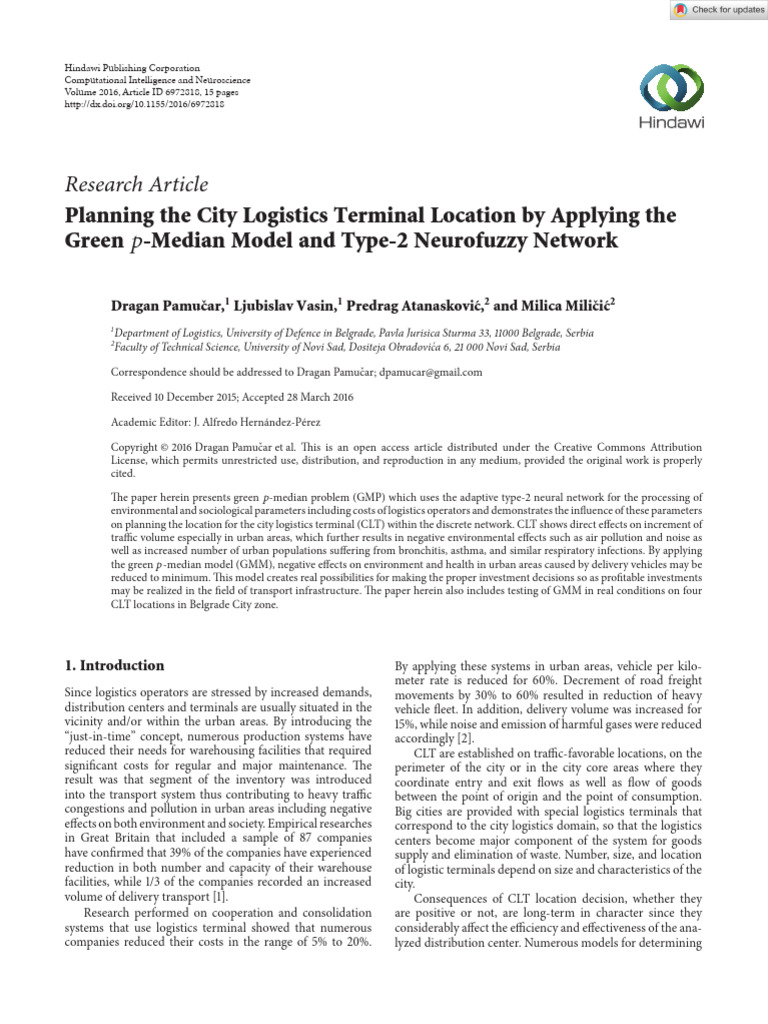 Computational Intelligence and Neuroscience - 2016 - Pamučar - Planning The City Logistics ...