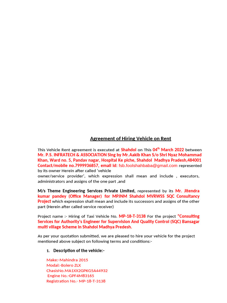 Draft Vehicle Agreement (Autosaved) 22222222222 | PDF | Vehicles ...