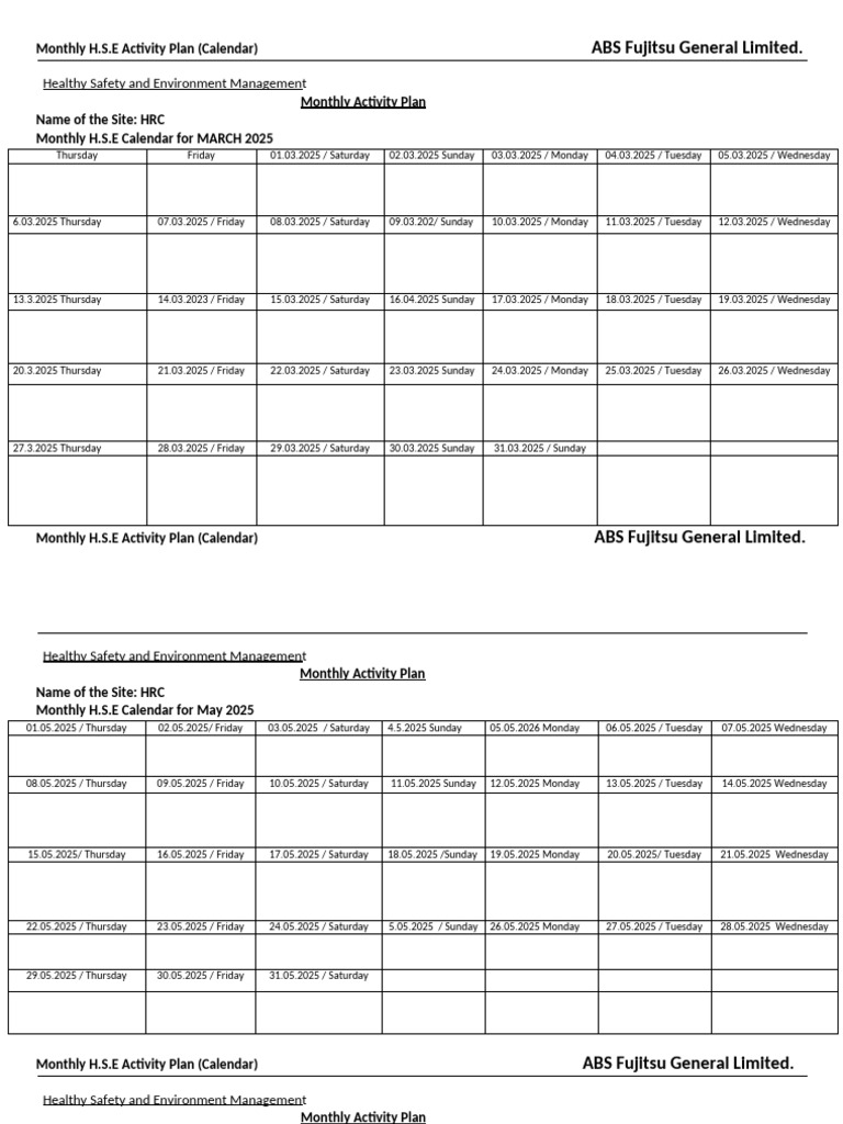 HSE Calendar for 2025 Activities | PDF