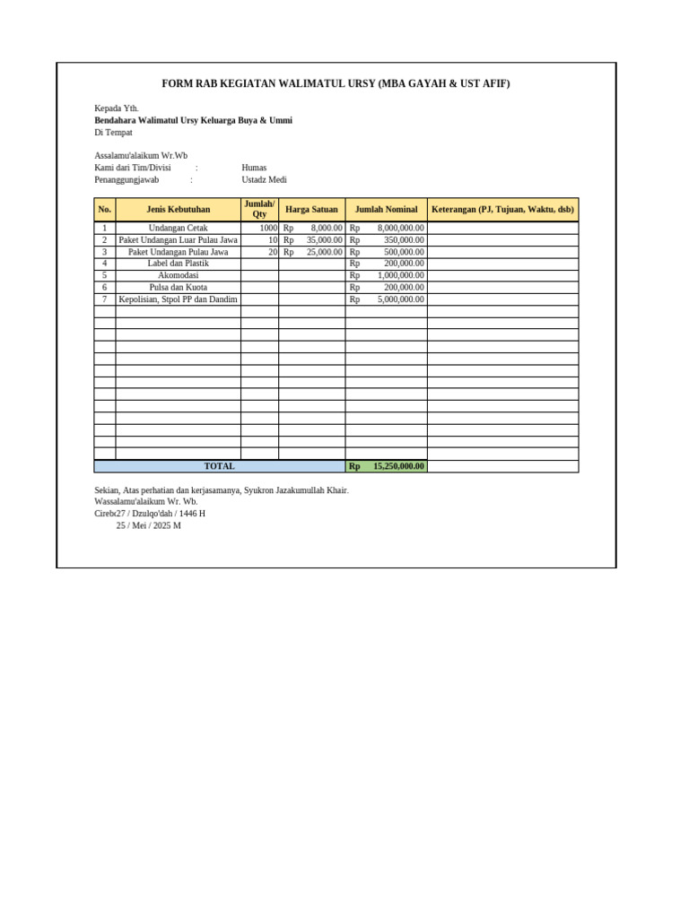 Form Rab Walimatul Ursy Keluarga Buya Ummi | PDF