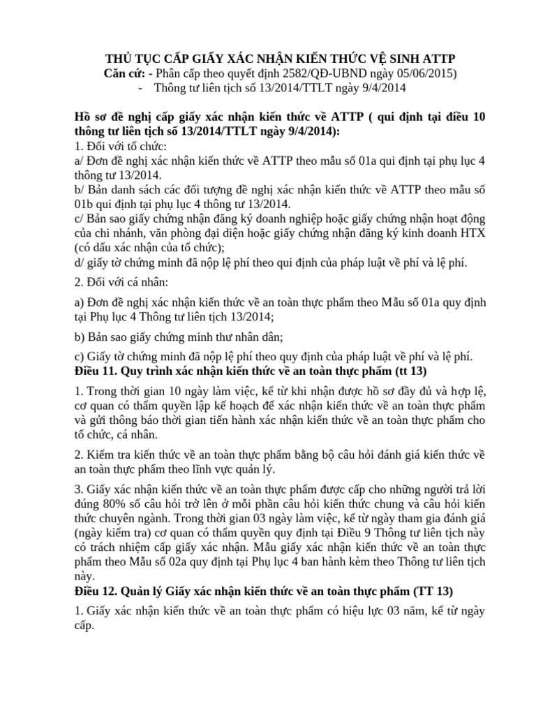 THỦ TỤC CẤP GIẤY XÁC NHẬN KIẾN THỨC, GIẤY ĐỦ ĐK ATTP | PDF